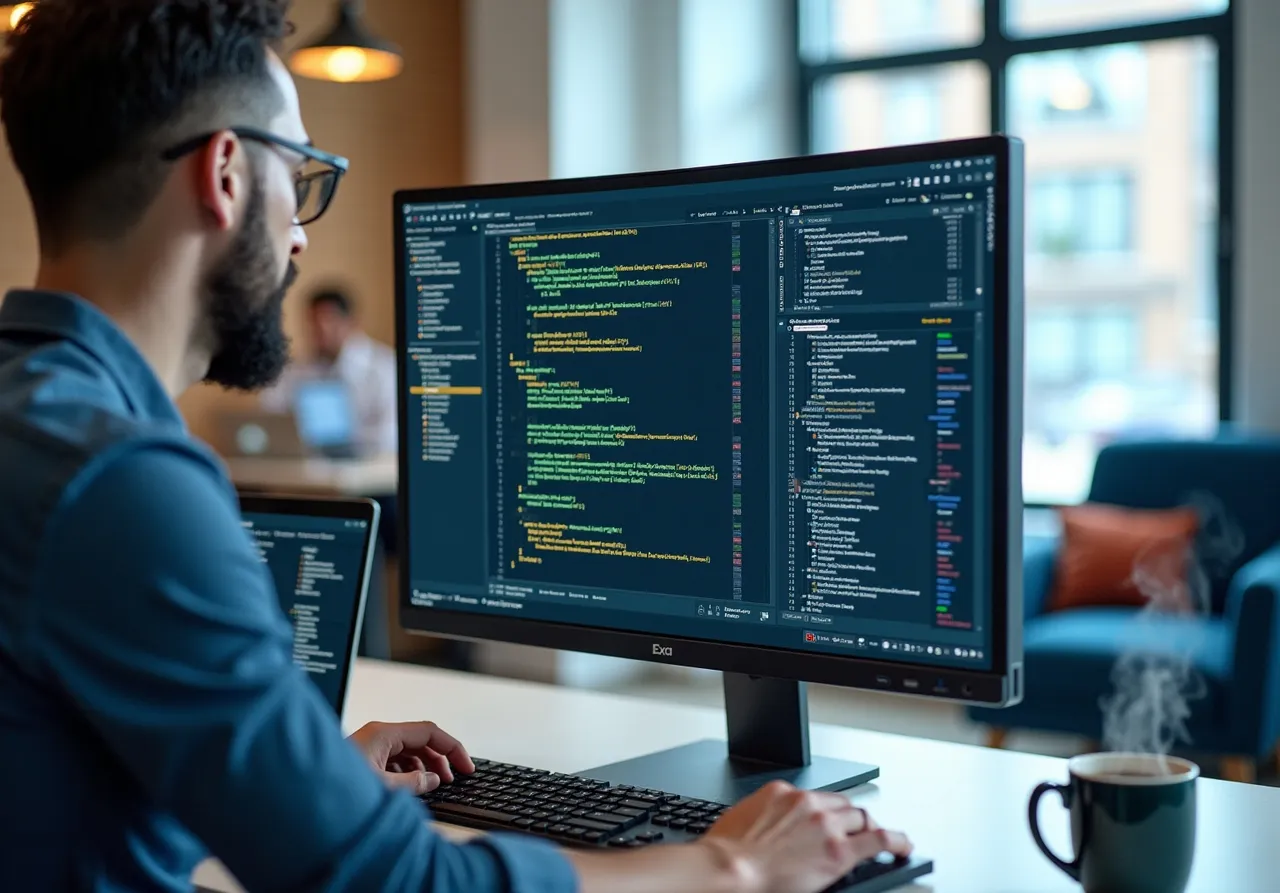 Software engineer programming at a desktop workstation